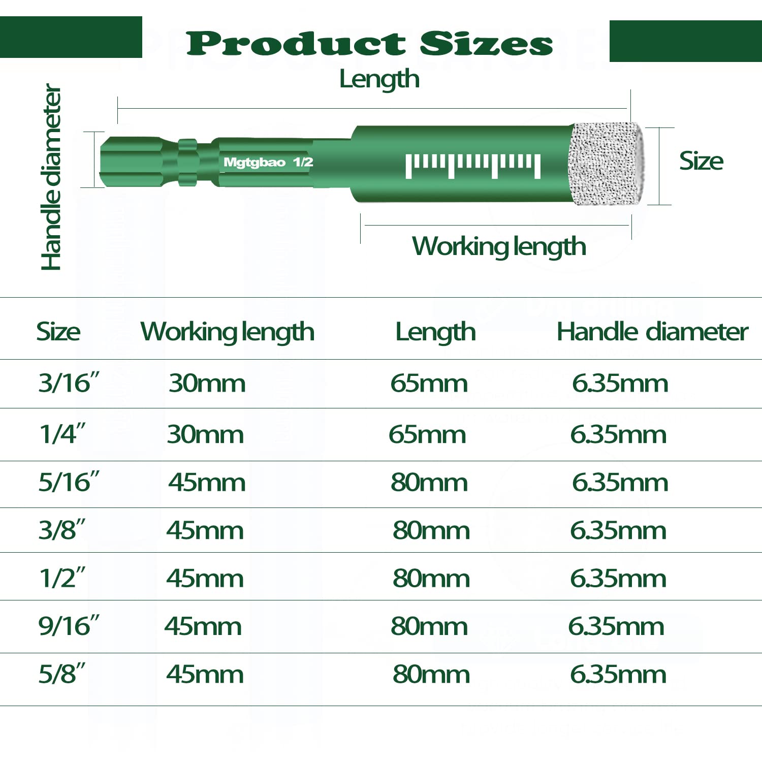 Mgtgbao 10PCS Green Dry Diamond Drill Bits Set, Core Drill bit for Granite Marble Tile Ceramic Stone Glass Diamond Hole Saw Kit with Size 3/16,1/4, 5/16, 3/8, 1/2