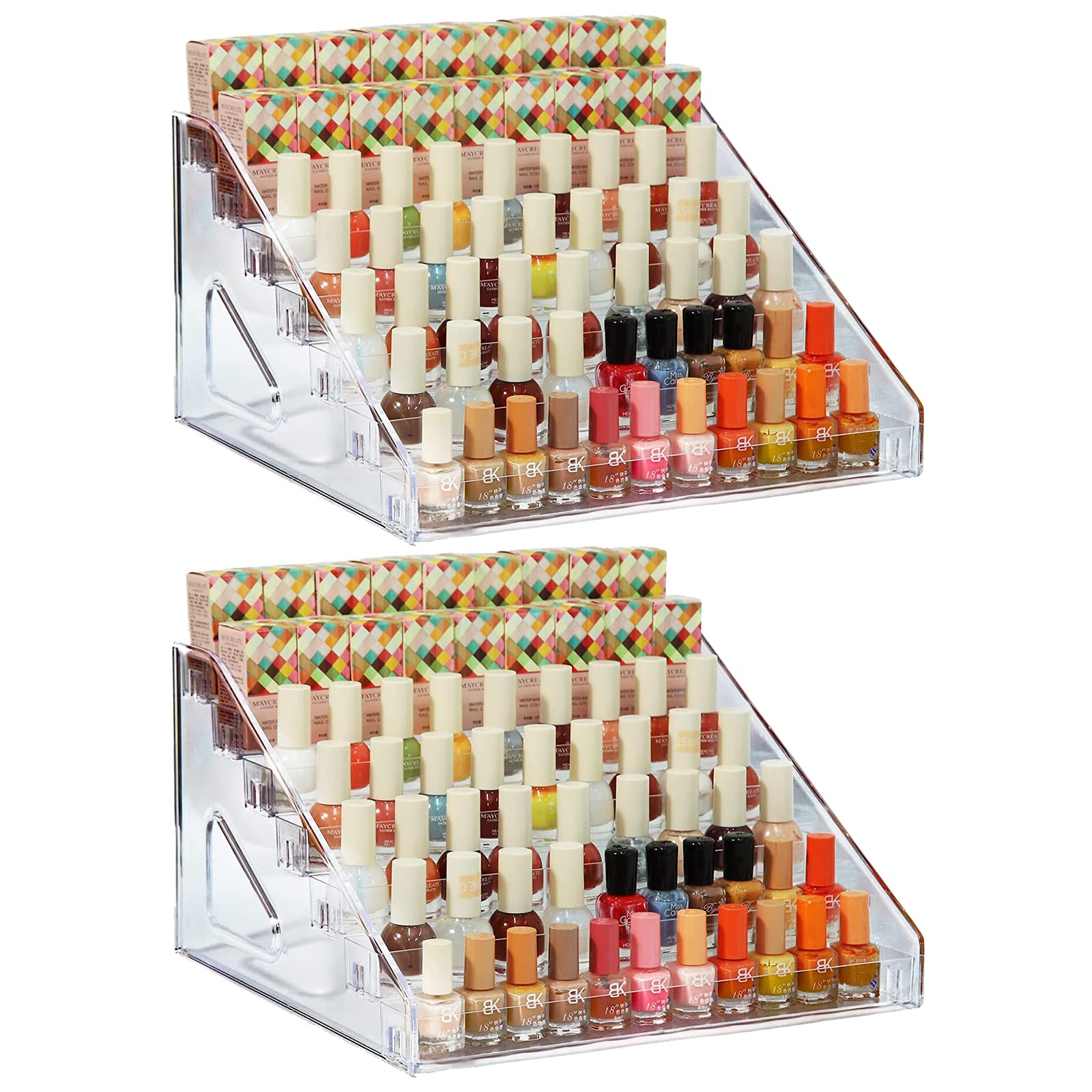 YIEZI Nail Polish Organizer 84 Bottles of 7 Layers Sunglass Organizer Acrylic Display Rack Eyeglasses Storage Essential Oils Holder Makeup Organizer No Tool Needed Assembly, Clear (2 Pack)