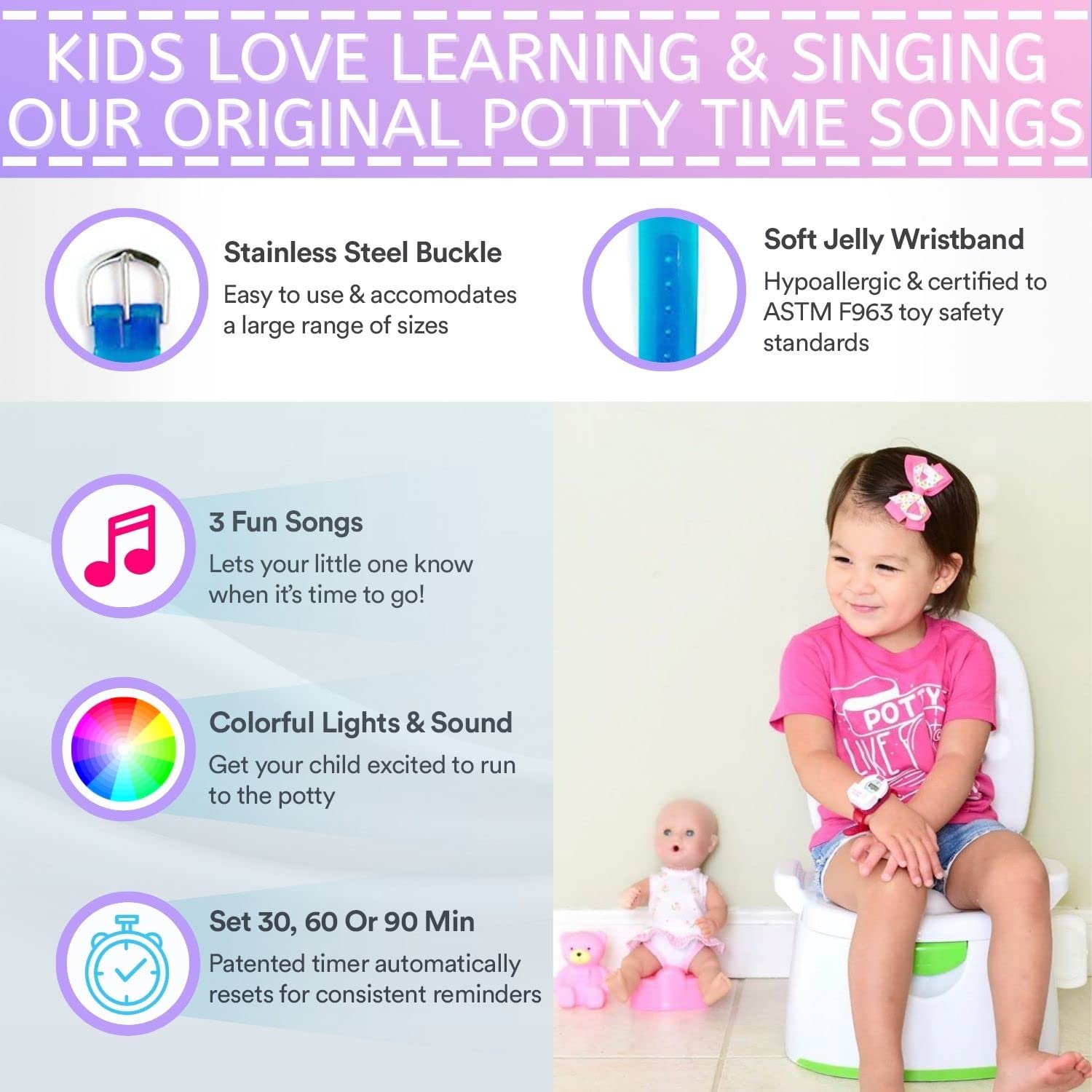 Potty Time: Purple Watch & Sticker Set | Water Resistant, Toilet Training Aid, Warranty Included. (Automatic Timers Plays Music & Flashing Lights for Fun Reminders), Pink + Space Sticker Chart Kit