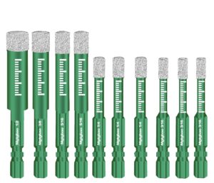 mgtgbao 10pcs green dry diamond drill bits set, core drill bit for granite marble tile ceramic stone glass diamond hole saw kit with size 3/16,1/4, 5/16, 3/8, 1/2