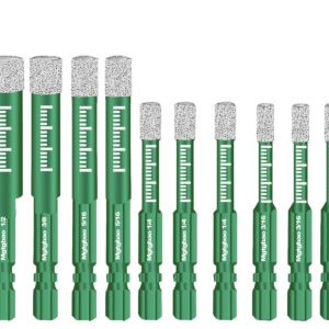 Mgtgbao 10PCS Green Dry Diamond Drill Bits Set, Core Drill bit for Granite Marble Tile Ceramic Stone Glass Diamond Hole Saw Kit with Size 3/16,1/4, 5/16, 3/8, 1/2