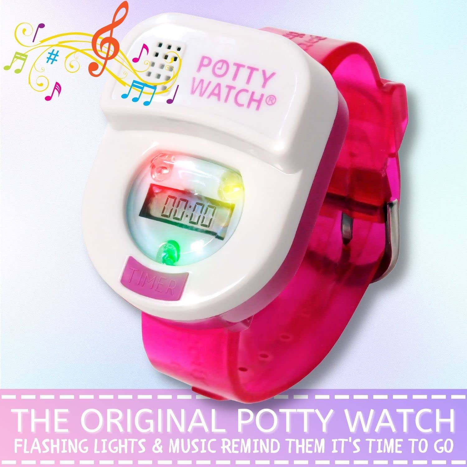 Potty Time: Purple Watch & Sticker Set | Water Resistant, Toilet Training Aid, Warranty Included. (Automatic Timers Plays Music & Flashing Lights for Fun Reminders), Pink + Pond Sticker Chart Kit