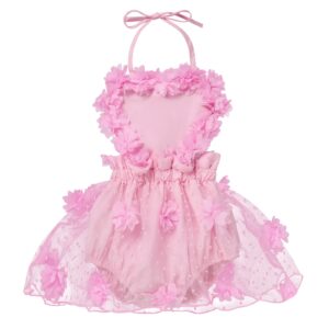 baby girls 1st birthday outfit heart lace romper flower tutu princess dress with tulle skirt sleeveless backless jumpsuit sunsuit playwear dress cake smash photo shoot clothes pink flower 18-24 months