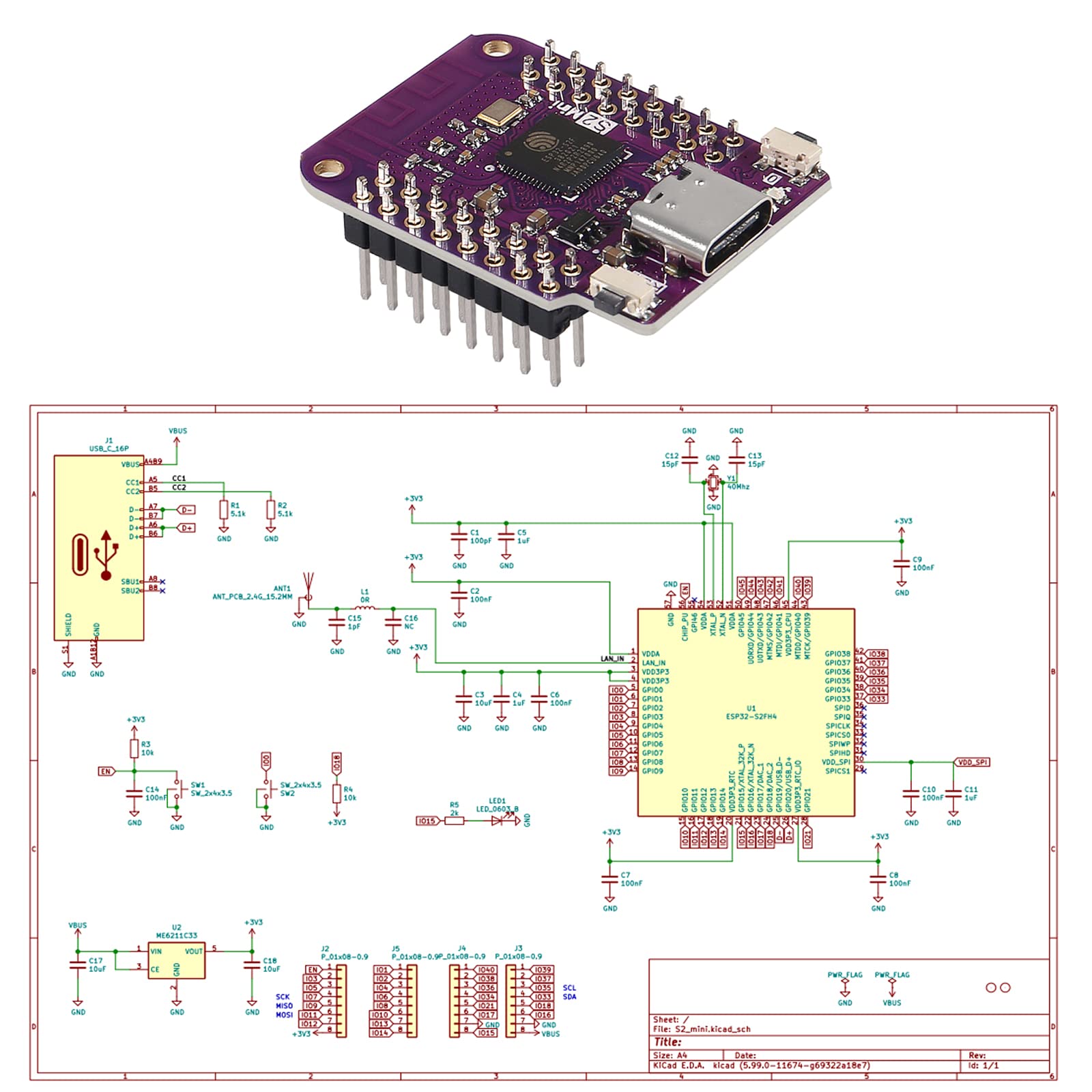 DIANN 5pcs ESP32 S2 Mini V1.0.0 WiFi IOT Board Based ESP32-S2FN4R2 ESP32-S2 4MB Flash 2MB PSRAM MicroPython Type-C USB