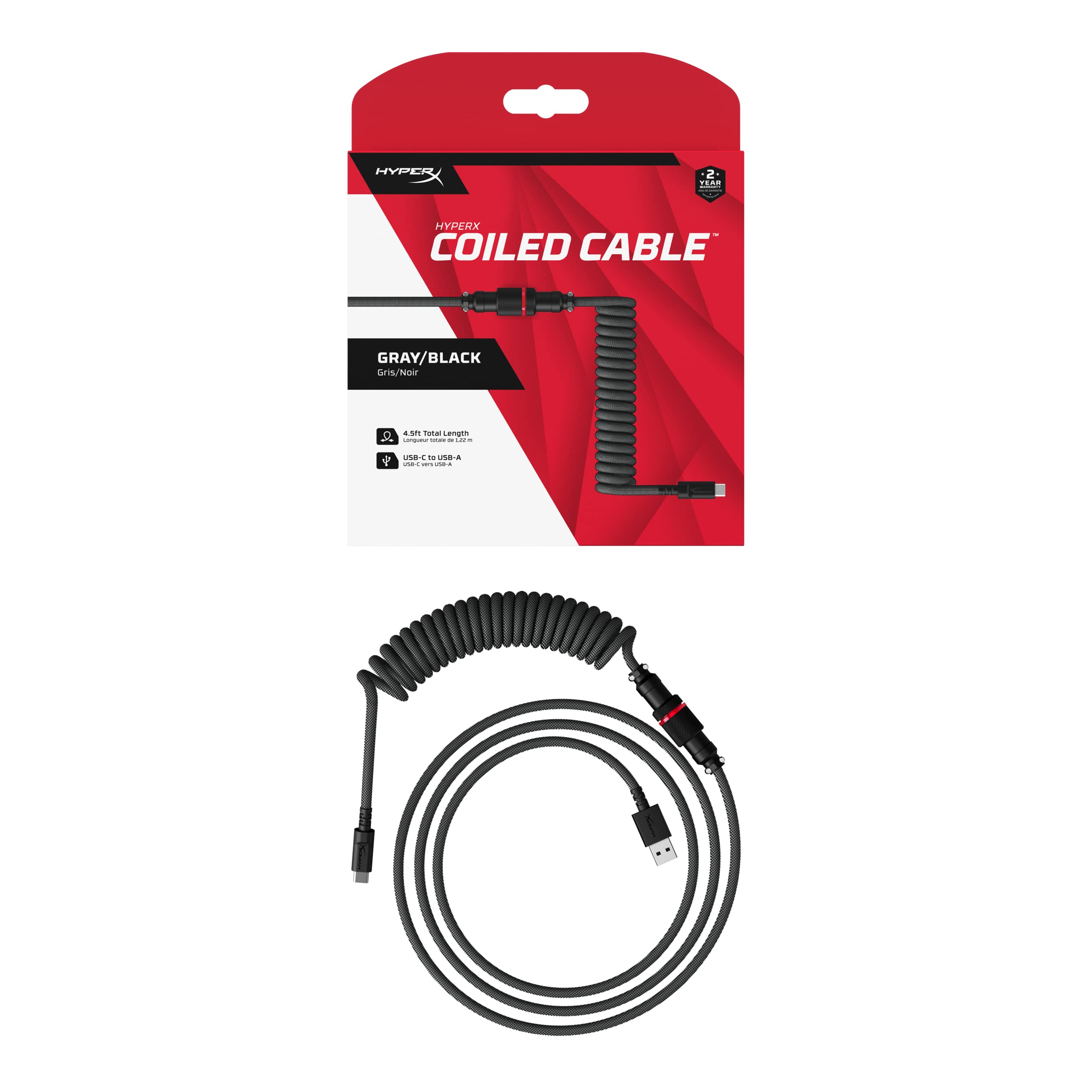 HyperX Coiled Cable - Durable Coiled Cable, Stylish Design, 5-Pin Aviator Connector, USB-C to USB-A - Grey/Black