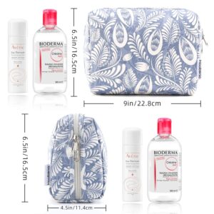 mooiborsa Cosmetic Bag Large Capacity Makeup Bag Travel Make up Bag for Purse Water Resistant Zipper Pouch Organizer for Women and Girls,Blue Leaf