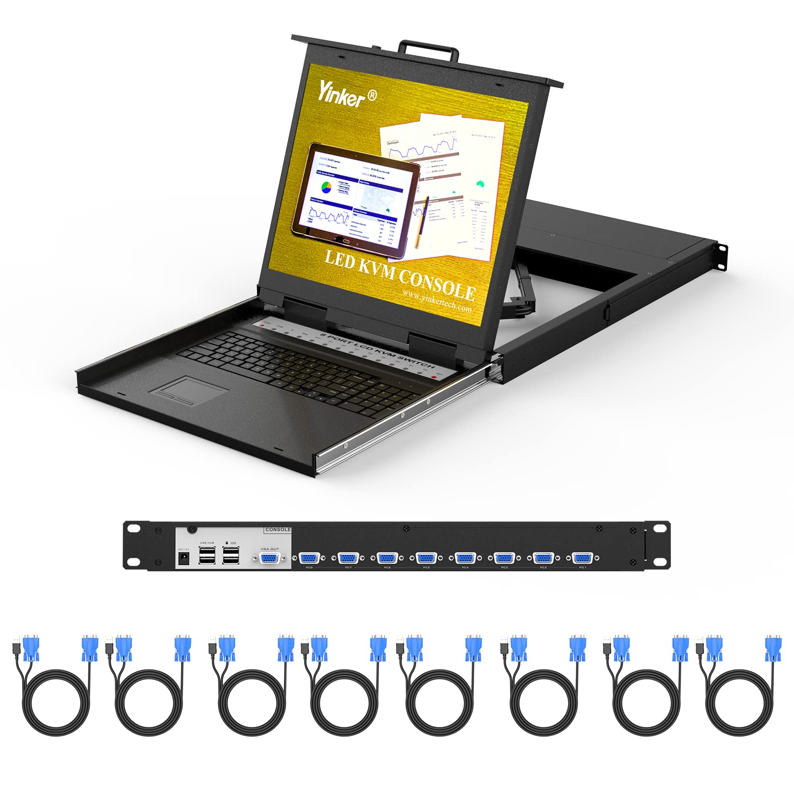 Yinker 8 Port VGA KVM Switch, 1U Rack Mount KVM with 19" LCD Monitor Keyboard Touchpad Drawer + KVM Cables, 1280x1024 LCD KVM Console for 19" Rack