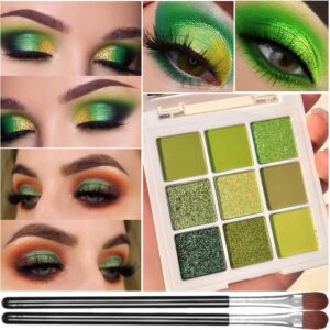 green eyeshadow palette,9 colors matte shimmer eye shadow high pigmented professional eye makeup palette,waterproof long lasting profusion makeup palette with 2 eyeshadow brushes(green)