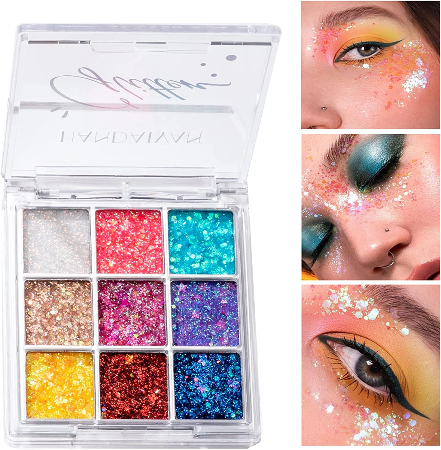 Glitter Eyeshadow Palette Makeup 9 Colors Body Glitter Glue Gel Palette Colorful Shimmer Sparkle Eyeshadow Long Lasting Highly Pigmented Waterproof Professional Glitter Eyeshadow Rainbow Face Paint