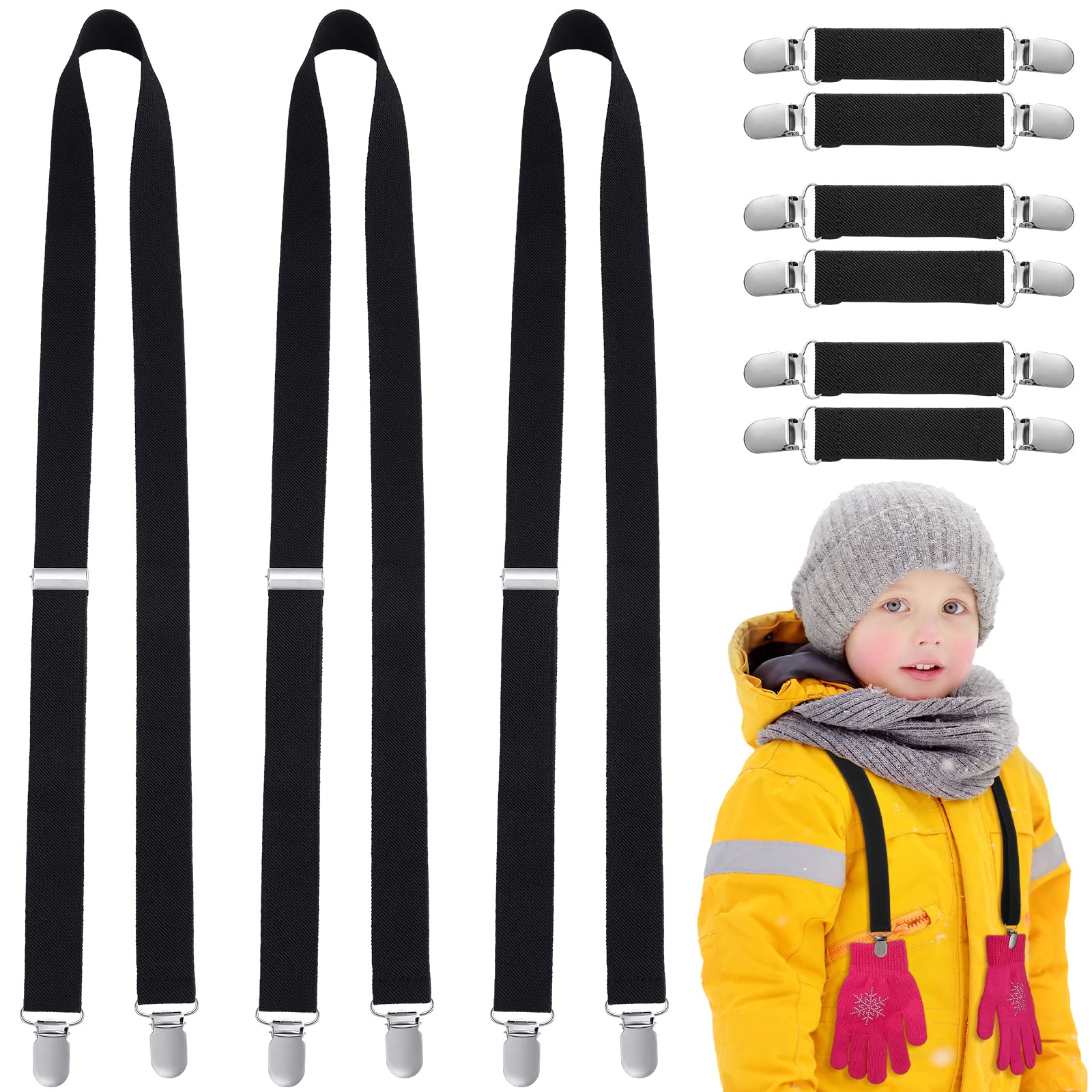 Dingion 9 Pcs Glove Clips for Kids Adjustable Mitten Clips Elastic Winter Hat Glove Clips Stainless Steel Mitten Holder Clips for Toddler Kids, Black