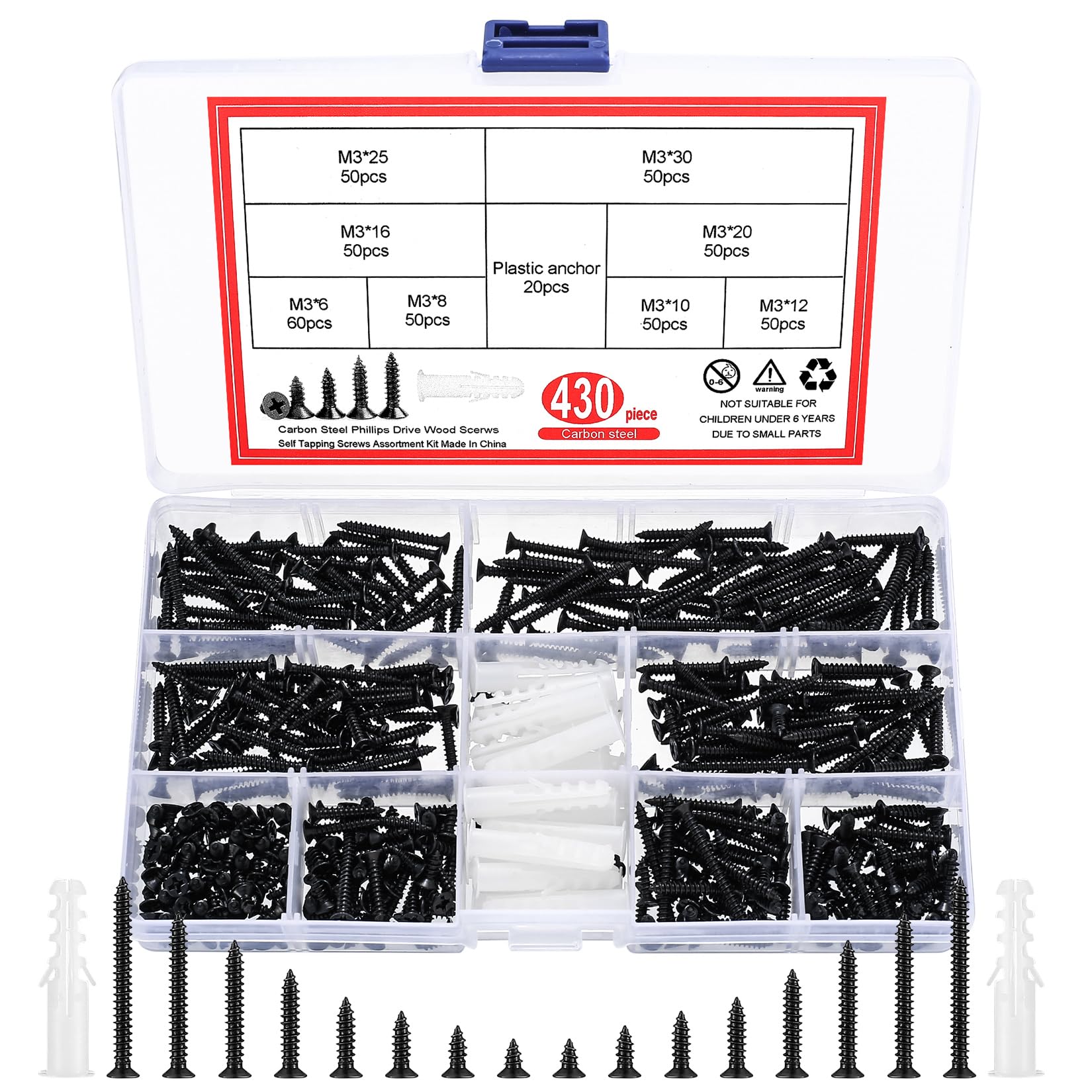 430 Pcs M3 Wood Screws Assortment Kit, Black Flat Head Self-Tapping Screws, Cross Drive Head Countersunk Head Screws Fasteners, Assorted Chipboard Cabinet Screws with 20 Plastic Wall Screw Anchors