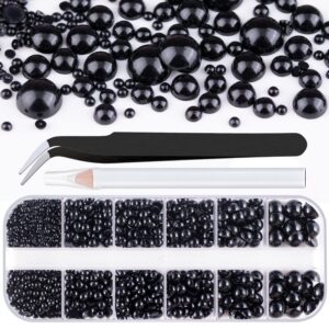 belleboost flat back pearls kits 1 box of flatback black half round pearls with pickup pencil and tweezer for home diy and professional nail art, face makeup and craft