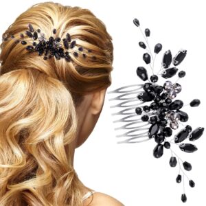 pagow black teardrop hair comb, vintage rhinestone crystal onyx small headpiece, bridal side combs handband accessories for women and girls (5.3 x 2.6 inch)