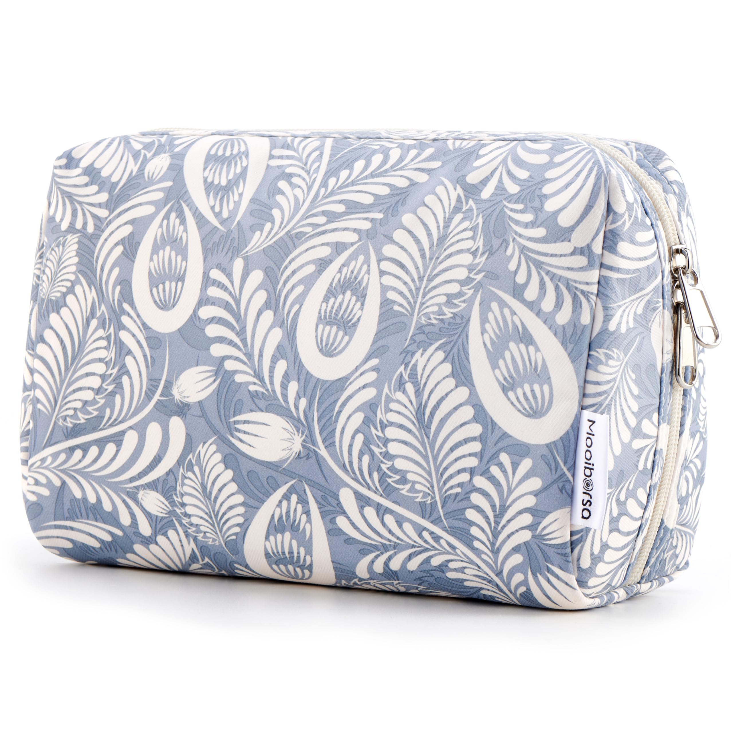 mooiborsa Cosmetic Bag Large Capacity Makeup Bag Travel Make up Bag for Purse Water Resistant Zipper Pouch Organizer for Women and Girls,Blue Leaf