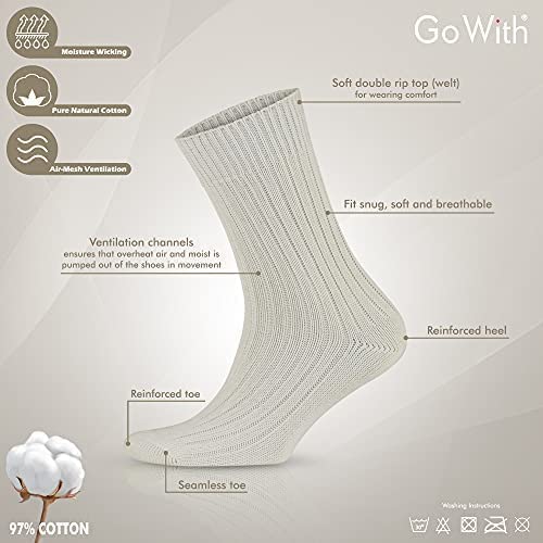 GoWith 5 Pairs Unisex Natural 97% Cotton Crew Socks, Comfy Cozy Breathable Seamless Casual Socks for Men & Women, Ecru, X-Small, Model 3013