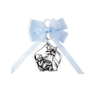 guardian angel crib medal with satin ribbon. perfect baptism gifts for babies, christening gifts for babies, baby shower and baby nursery wall decor. (blue light)