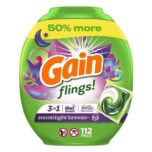 gain flings laundry detergent soap pacs he compatible 112 ct long lasting scent moonlight breeze(packaging may vary)