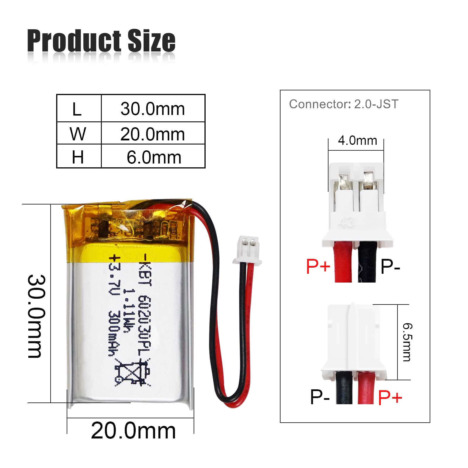 KBT 3.7V 300mAh Li-Polymer Battery: 602030 Lipo Rechargeable Lithium-ion Replacement Batteries with PH 1.25 JST Connector, PH2.0/2.54 JST Connector for Replacement-4pack