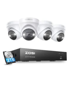 zosi 4k spotlight poe security camera system with person vehicle detection,2 way audio,color night vision,8 port 16ch 8mp nvr with 2tb hdd,4pcs 5mp outdoor poe ip cameras for home 24/7 recording