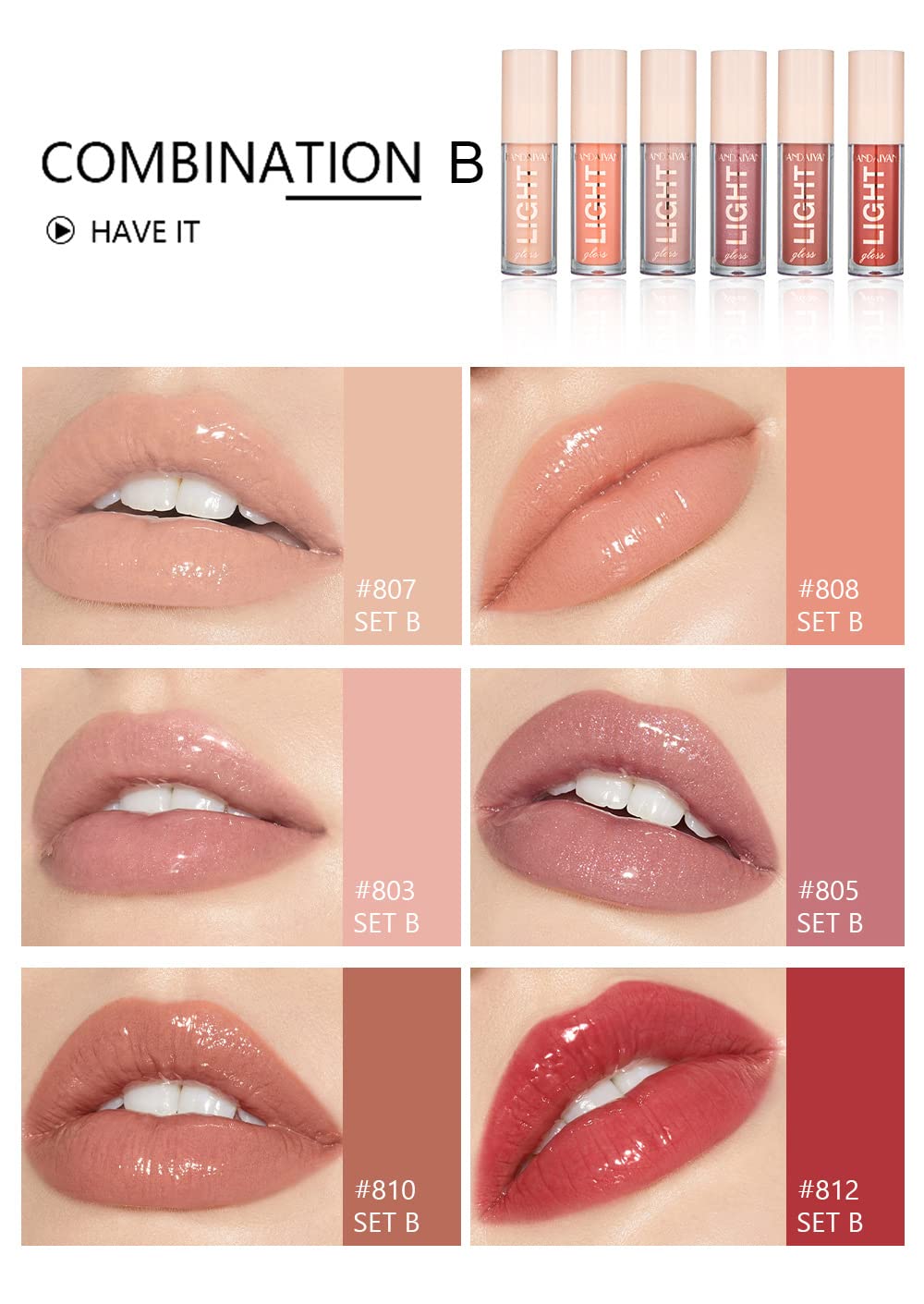 BANGFENG 6PCS Lip Oil Light Lipgloss Set, Moisturizing Hydrating Lip Glow Oil Lip Gloss Kit High Shine Lip Plumping Glass Finish Lip Gloss Liquid Lipstick for Women (Set B)