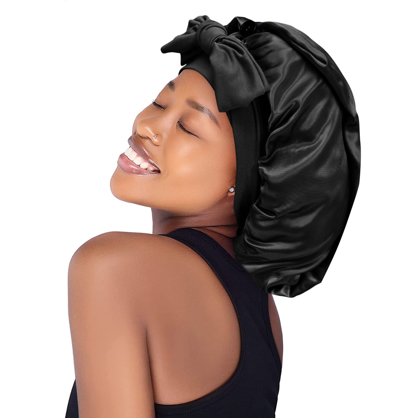 Satin Silk Bonnet Hair Cap: Long Bonnets with Elastic Tie Band Adjustable Straps Jumbo Size Sleep for Sleeping Comfortable - Stretchy Tie Band Bonnets for Women Long Braid Curly Hair No Slip-Off