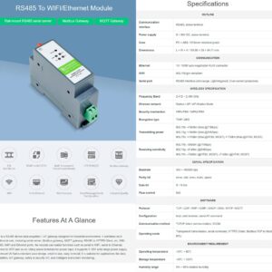 RS485 to WiFi/Ethernet Module, Rail-Mount Serial Server, Modbus MQTT Gateway, Support 802.11b/g/n Wireless Standards, Support RS485 to WiFi, RS485 to Ethernet, Ethernet to WiFi, etc.