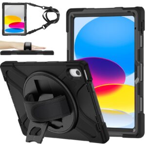 zenrich ipad 10th generation 10.9'' case 2022, a2757/a2777/a2696 full-body drop protection rugged case with [pencil holder] [360° rotate kickstand hand strap] [shoulder strap], black