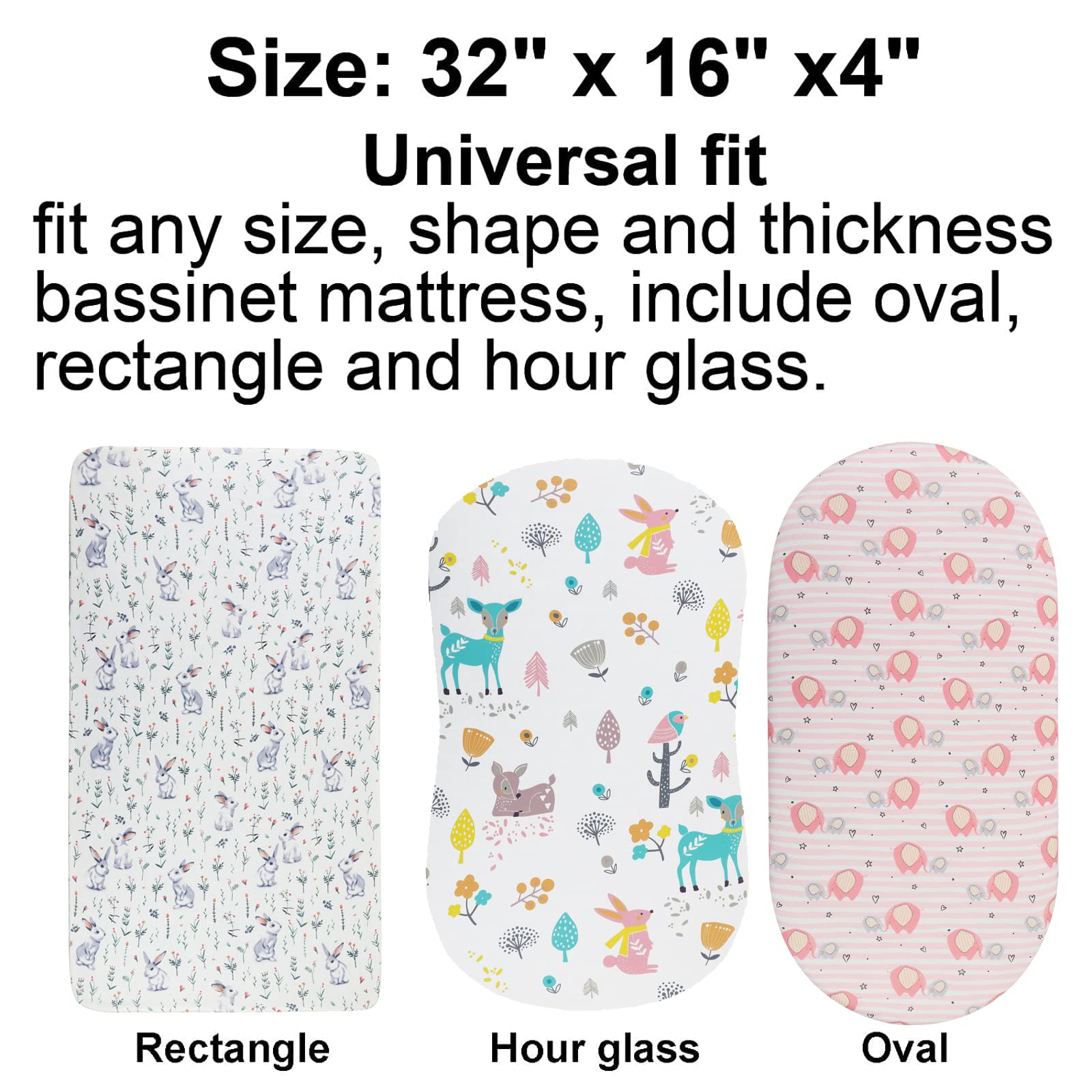 Bassinet Sheets for Baby Boy and Girl, Stretchy Breathable Fitted Sheet Universal for Bassinet Cradle Hourglass Oval Rectangle Pad/Mattress, 4 Pack Deer, Elephant, Rabbit and Squirrel Printing