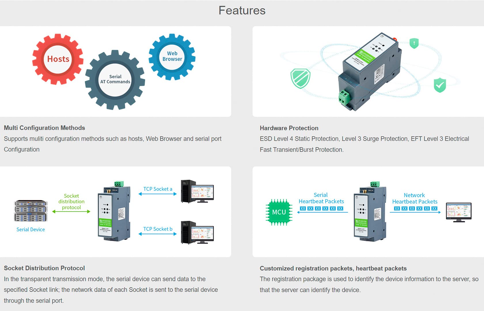 RS485 to WiFi/Ethernet Module, Rail-Mount Serial Server, Modbus MQTT Gateway, Support 802.11b/g/n Wireless Standards, Support RS485 to WiFi, RS485 to Ethernet, Ethernet to WiFi, etc.