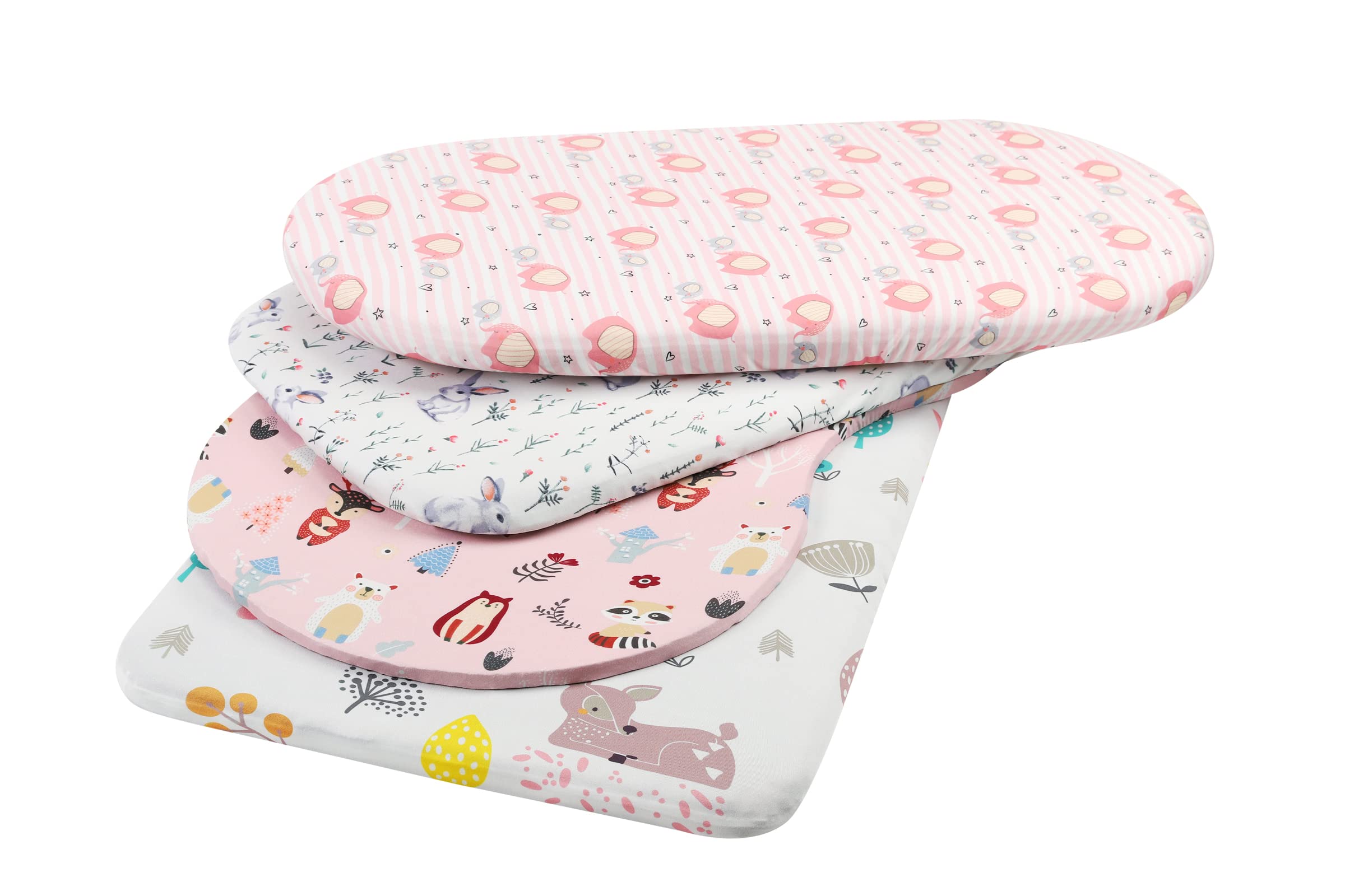 Bassinet Sheets for Baby Boy and Girl, Stretchy Breathable Fitted Sheet Universal for Bassinet Cradle Hourglass Oval Rectangle Pad/Mattress, 4 Pack Deer, Elephant, Rabbit and Squirrel Printing