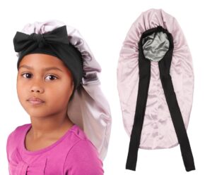 brcok kids braid long bonnet girls satin bonnet sleeping cap double layer with tie band silk hair bonnet for toddler child (kids long pink)