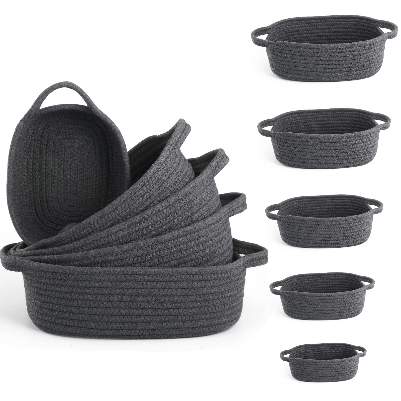 VOOWO Set of 5 Rope Basket, Woven Rope Baskets for Storage, Baskets for Gifts Empty, Small Rope Basket for Organizing, Nursery Rope Basket, Cotton Rope Basket, Woven Basket for Shelves (Dark Gray)