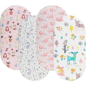 bassinet sheets for baby boy and girl, stretchy breathable fitted sheet universal for bassinet cradle hourglass oval rectangle pad/mattress, 4 pack deer, elephant, rabbit and squirrel printing