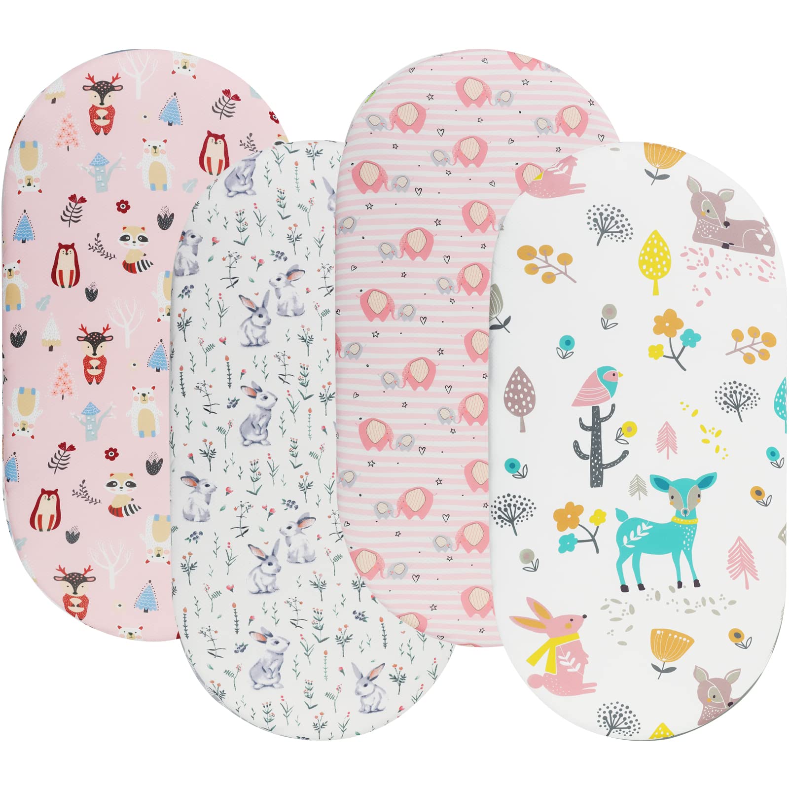 Bassinet Sheets for Baby Boy and Girl, Stretchy Breathable Fitted Sheet Universal for Bassinet Cradle Hourglass Oval Rectangle Pad/Mattress, 4 Pack Deer, Elephant, Rabbit and Squirrel Printing