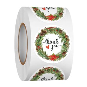 heyfibro 1.5" christmas thank you sticker roll, 500 pcs thank you stickers for retail stores, boutique, winter holiday round thank you labels for gift packing, cards, envelopes, party supplies