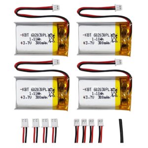 kbt 3.7v 300mah li-polymer battery: 602030 lipo rechargeable lithium-ion replacement batteries with ph 1.25 jst connector, ph2.0/2.54 jst connector for replacement-4pack