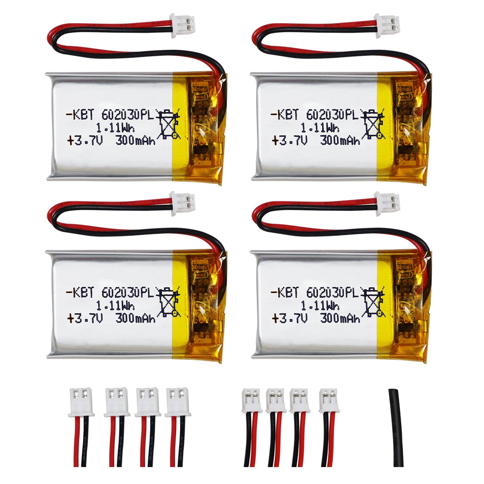 KBT 3.7V 300mAh Li-Polymer Battery: 602030 Lipo Rechargeable Lithium-ion Replacement Batteries with PH 1.25 JST Connector, PH2.0/2.54 JST Connector for Replacement-4pack