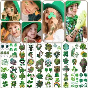 Yazhiji 70sheets St Patricks Day Temporary Tattoo for Kids Girls or Boys 10sheets Larger Half Arm Shamrock Patterned Waterproof Tattoos Stickers for Men or Women And 60 sheets Face Clover Tattoos