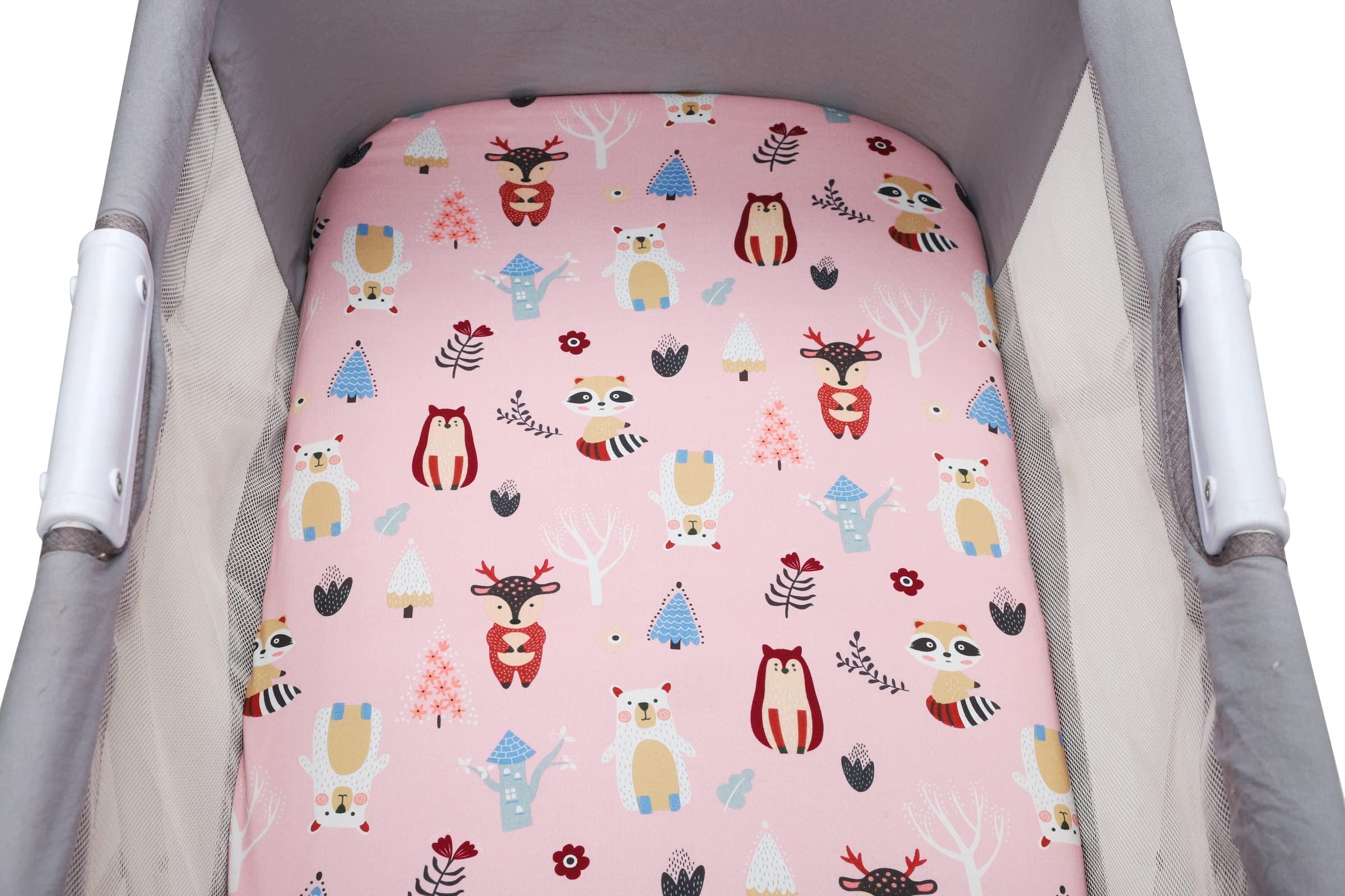 Bassinet Sheets for Baby Boy and Girl, Stretchy Breathable Fitted Sheet Universal for Bassinet Cradle Hourglass Oval Rectangle Pad/Mattress, 4 Pack Deer, Elephant, Rabbit and Squirrel Printing