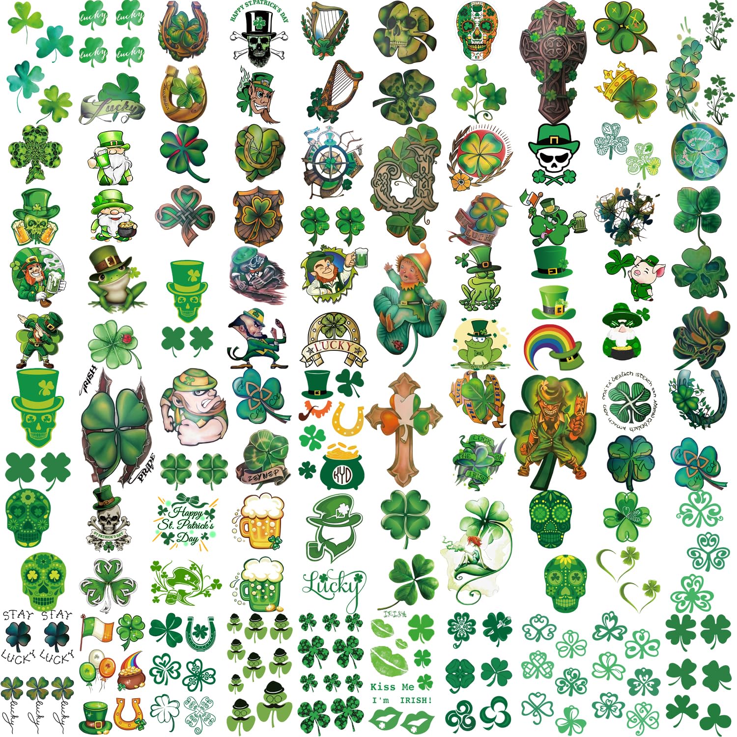 Yazhiji 70sheets St Patricks Day Temporary Tattoo for Kids Girls or Boys 10sheets Larger Half Arm Shamrock Patterned Waterproof Tattoos Stickers for Men or Women And 60 sheets Face Clover Tattoos