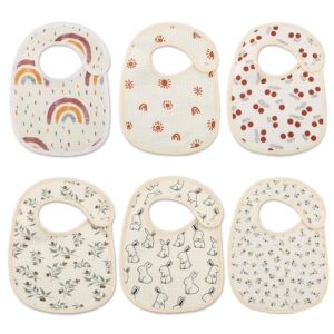 baby bibs for girls, organic muslin baby drool dibs, soft & lightweight lap-shoulder bibs for teething feeding with waterproof backing, 6 pack