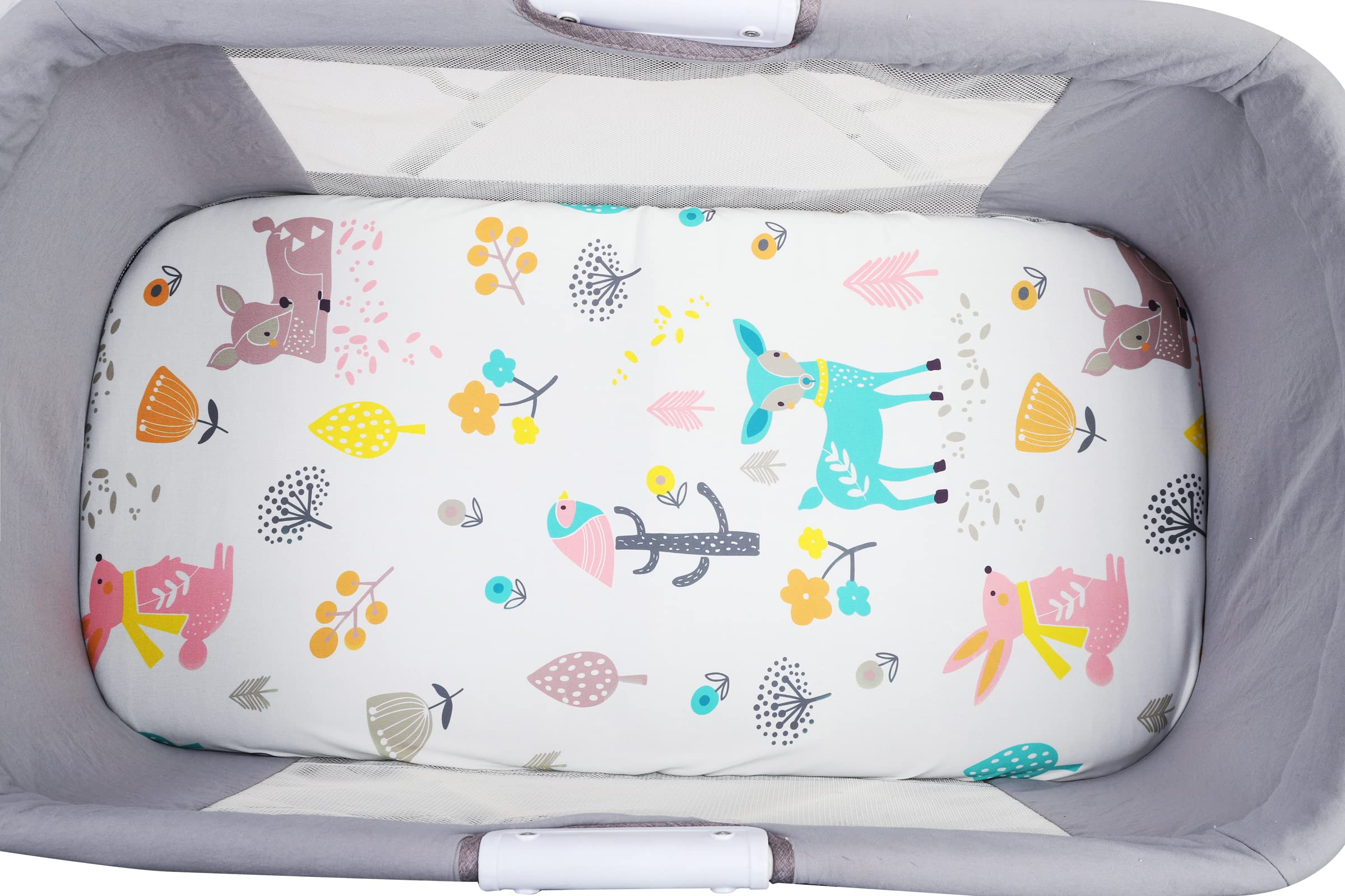 Bassinet Sheets for Baby Boy and Girl, Stretchy Breathable Fitted Sheet Universal for Bassinet Cradle Hourglass Oval Rectangle Pad/Mattress, 4 Pack Deer, Elephant, Rabbit and Squirrel Printing