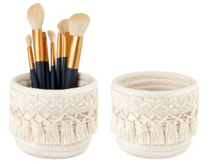 mkono macrame makeup brush holder organizer comb brushes mini storage basket set of 2 boho decor baskets for pen pencil box container ,ivory