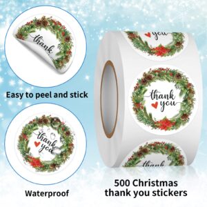 Heyfibro 1.5" Christmas Thank You Sticker Roll, 500 Pcs Thank You Stickers for Retail Stores, Boutique, Winter Holiday Round Thank You Labels for Gift Packing, Cards, Envelopes, Party Supplies