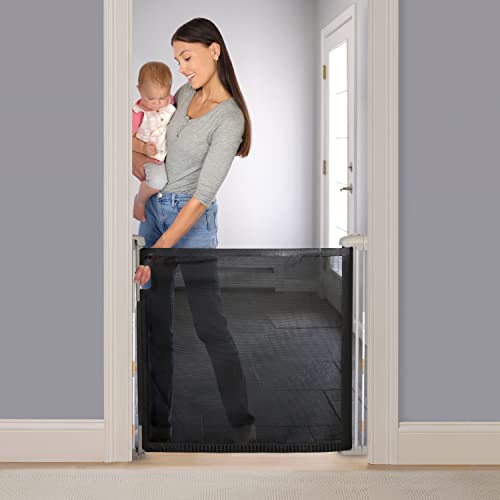 Summer Infant Tuck Away Retractable Extra Wide Gate, Fits Openings Up to 56” Wide, Black and Gray Gate for Doorways and Hallways, 30” Tall Mesh Baby and Pet Gate