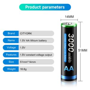 CITYORK 8 Pack Rechargeable AA Lithium Batteries with 8 Bay Charger, 8 Pack 1.5 V Rechargeable AA 3000mWh Lithium Battery with 8 Bay LCD Fast Battery Charger