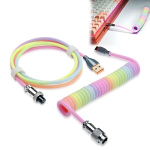 ucinnovate coiled keyboard cable, pro custom coiled usb c cable for gaming keyboard, double-sleeved mechanical keyboard cable with detachable metal aviator, 1.8m usb-c to usb-a (rainbow)