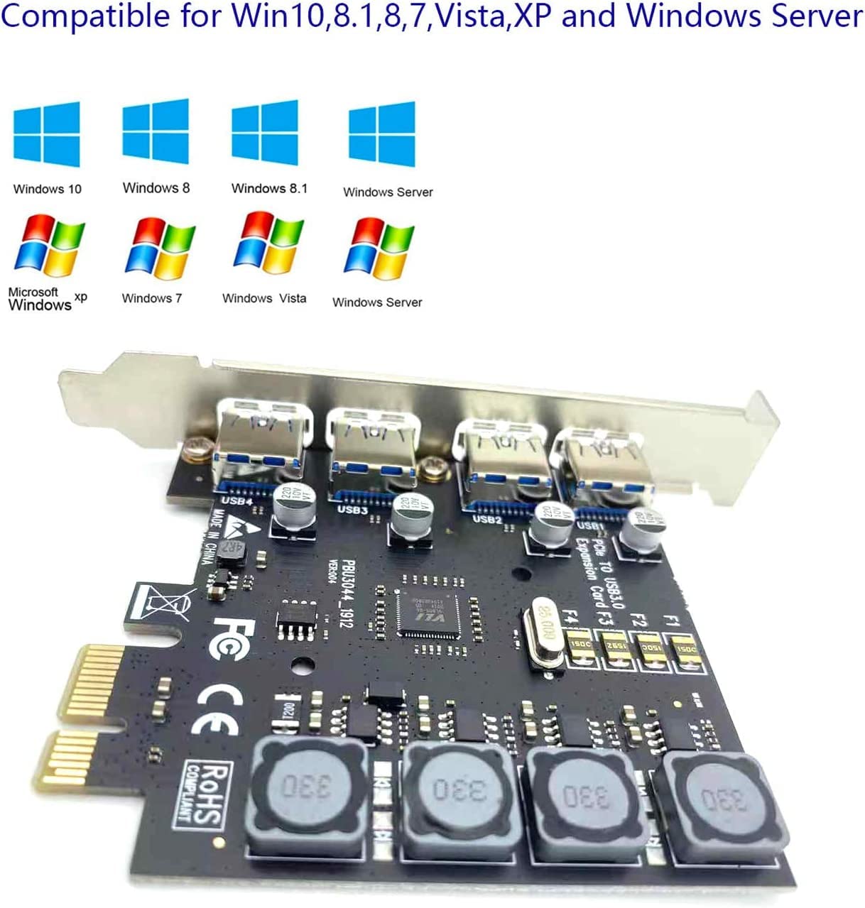 4 Ports PCIE USB 3.0 Card Super Speed 5Gbps PCI Express (PCIe) Expansion Card for Windows 11/10/8.1/8/7/Vista/XP/Server