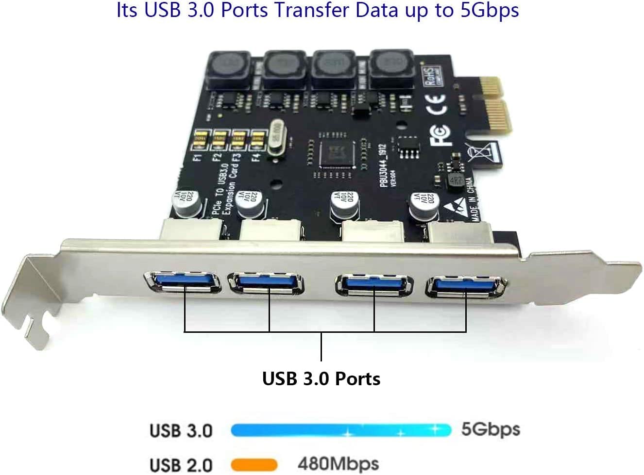 4 Ports PCIE USB 3.0 Card Super Speed 5Gbps PCI Express (PCIe) Expansion Card for Windows 11/10/8.1/8/7/Vista/XP/Server