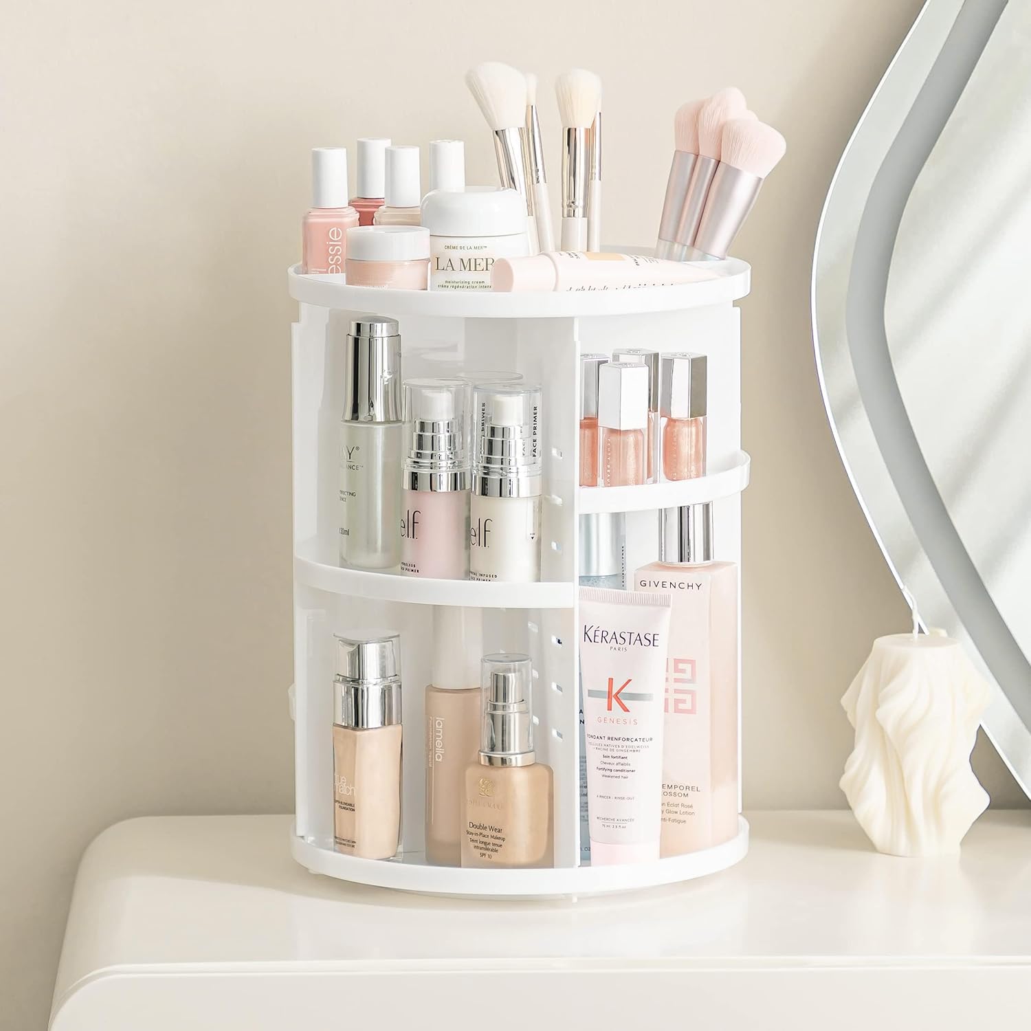 HBlife 360 Rotating Makeup Organizer Adjustable Carousel Large Capacity Revolving Perfume Organizer Skincare Organizers Cosmetic Storage Spinning Holder for Vanity, White